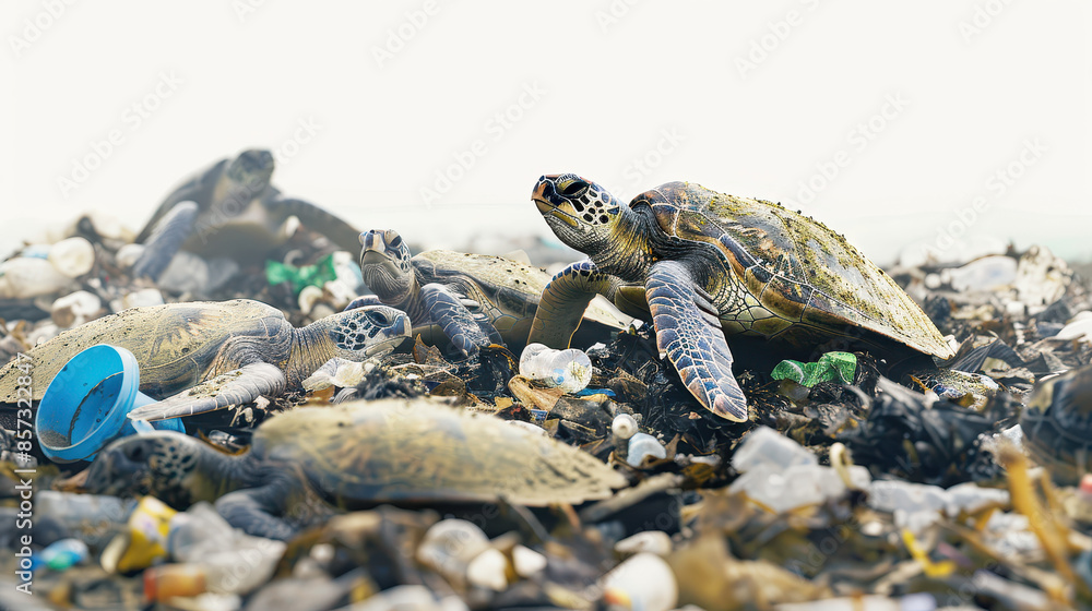 Wildlife living among piles of plastic waste on a trash island, sea ...
