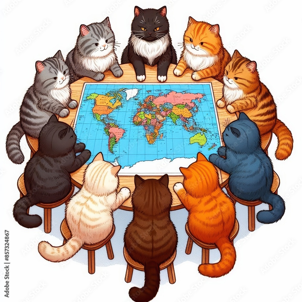 Ten Cats Studying World Map Around a Table - Nine cats of different ...