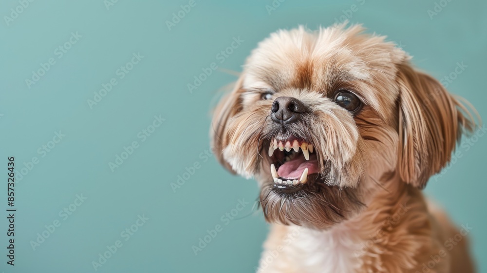 Shih Tzu, angry dog baring its teeth, studio lighting pastel background ...