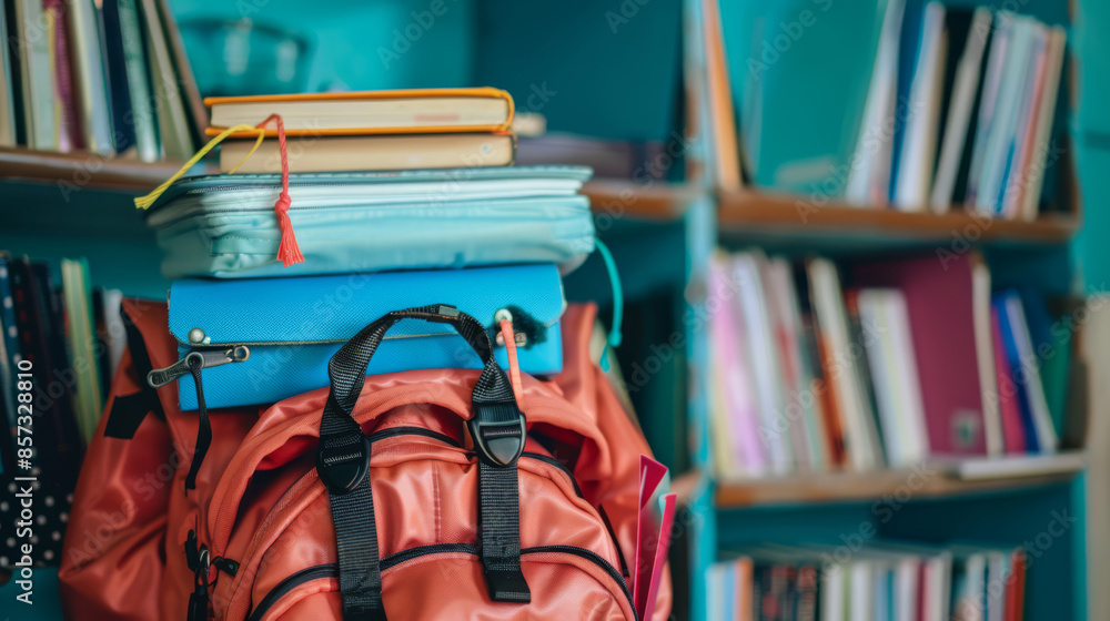 Orange backpack with stacked school supplies including books and ...