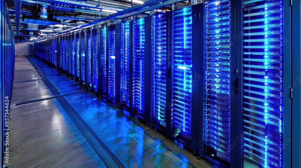 Futuristic server room or data center with rows of big server racks ...