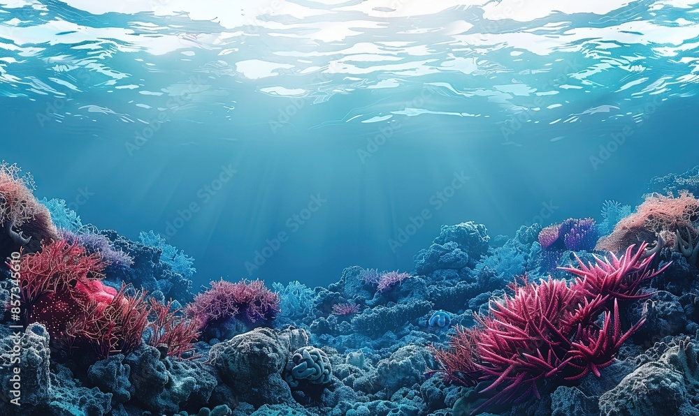 Underwater view of the blue sea with red coral reefs growing on rough ...