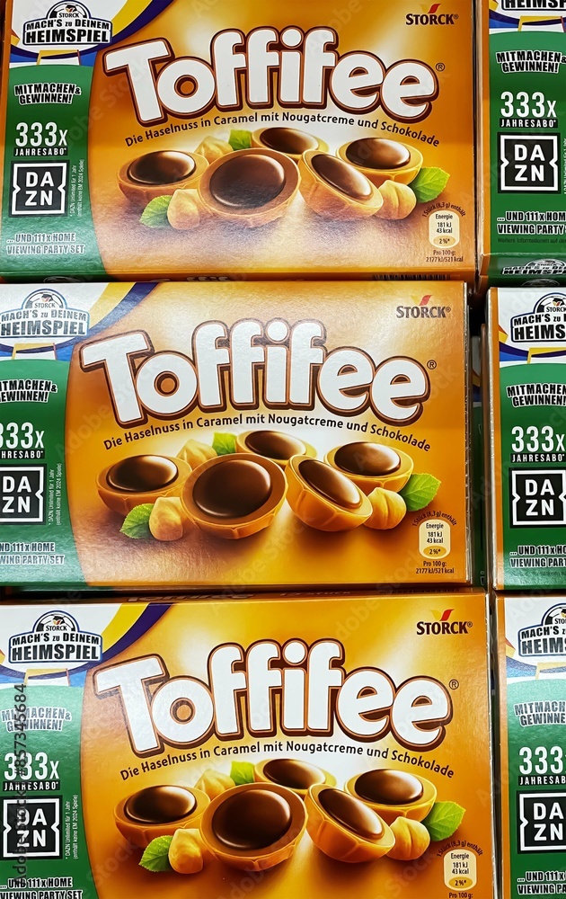 Viersen, Germany - Juin 9. 2024: Many boxes Toffifee chocoate caramel ...