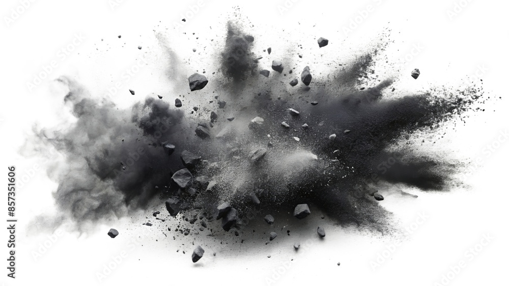 Black chalk pieces and dust flying, effect explode isolated on white ...