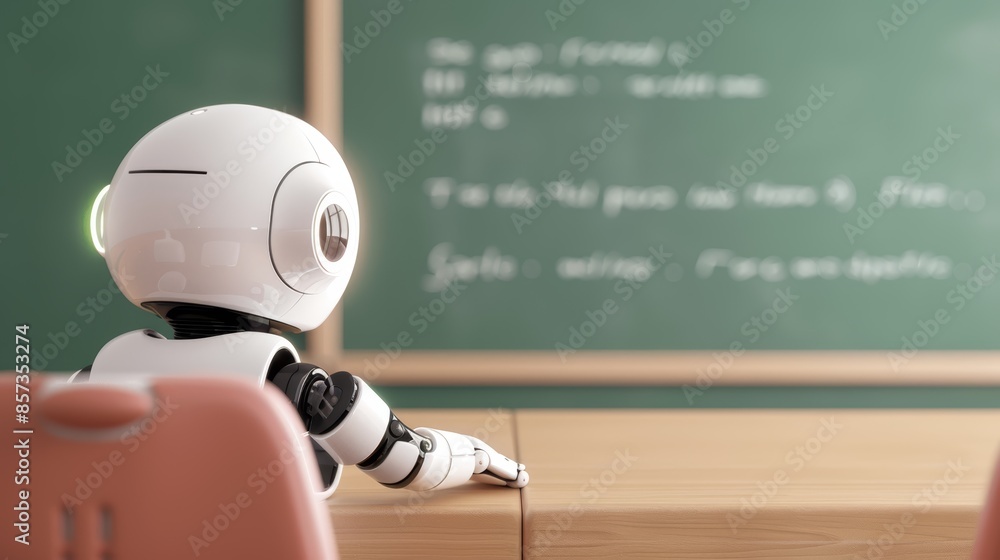 Classroom scene with an AI robot teacher, students learn about AI at ...