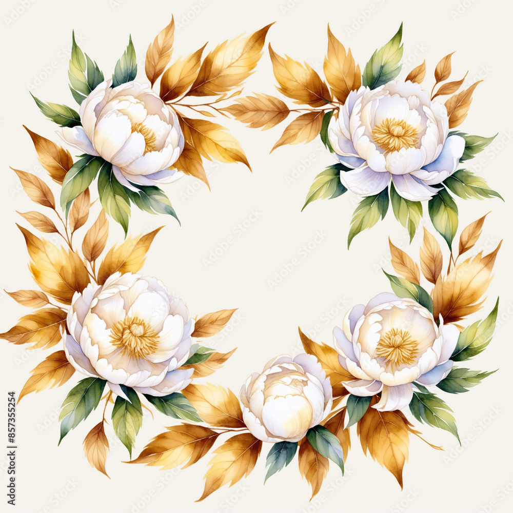 Floral Frame of White Peonies and Golden Leaves in Circular Formation ...