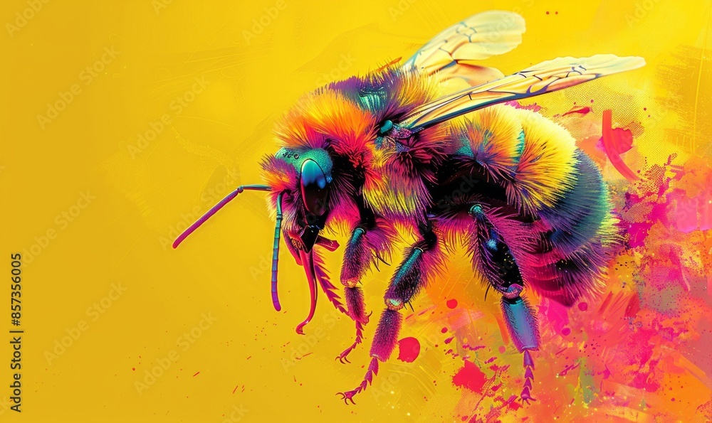 colorful illustration of a fluffy, fluffy bee with transparent wings ...