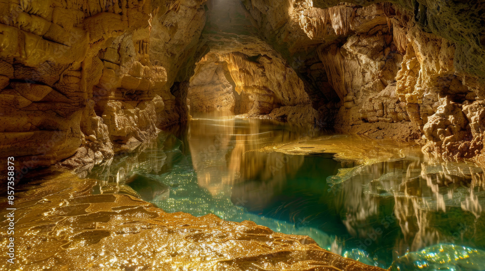 Cave of gold. A hidden cave with walls of gold and an underground lake ...