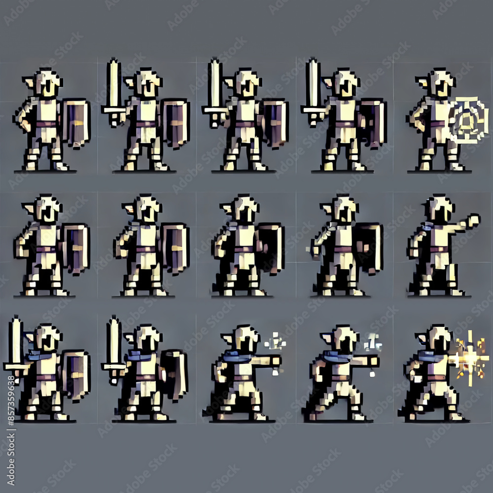 Detailed pixel art sprite sheet with a hero wielding sword and shield ...