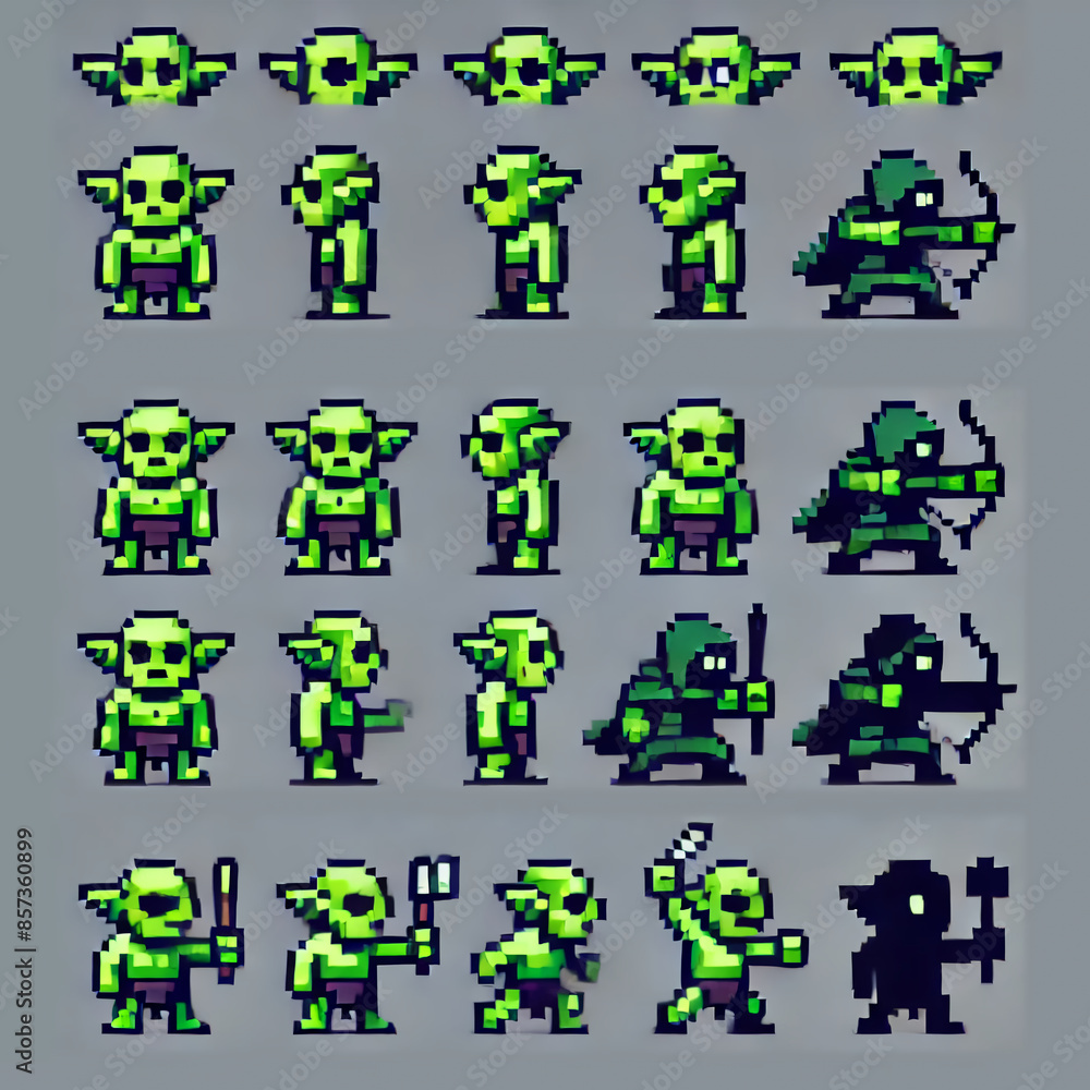 Pixel art sprite sheet featuring a goblin with green skin Stock Illustration | Adobe Stock