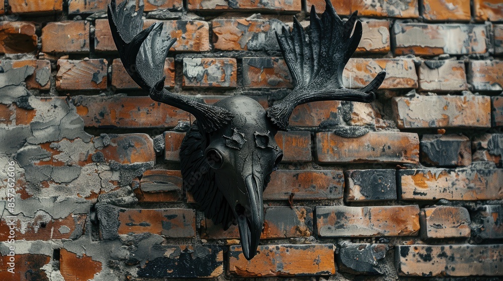 Spooky Crow and Moose Skull on Brick Wall for Halloween with Space for ...