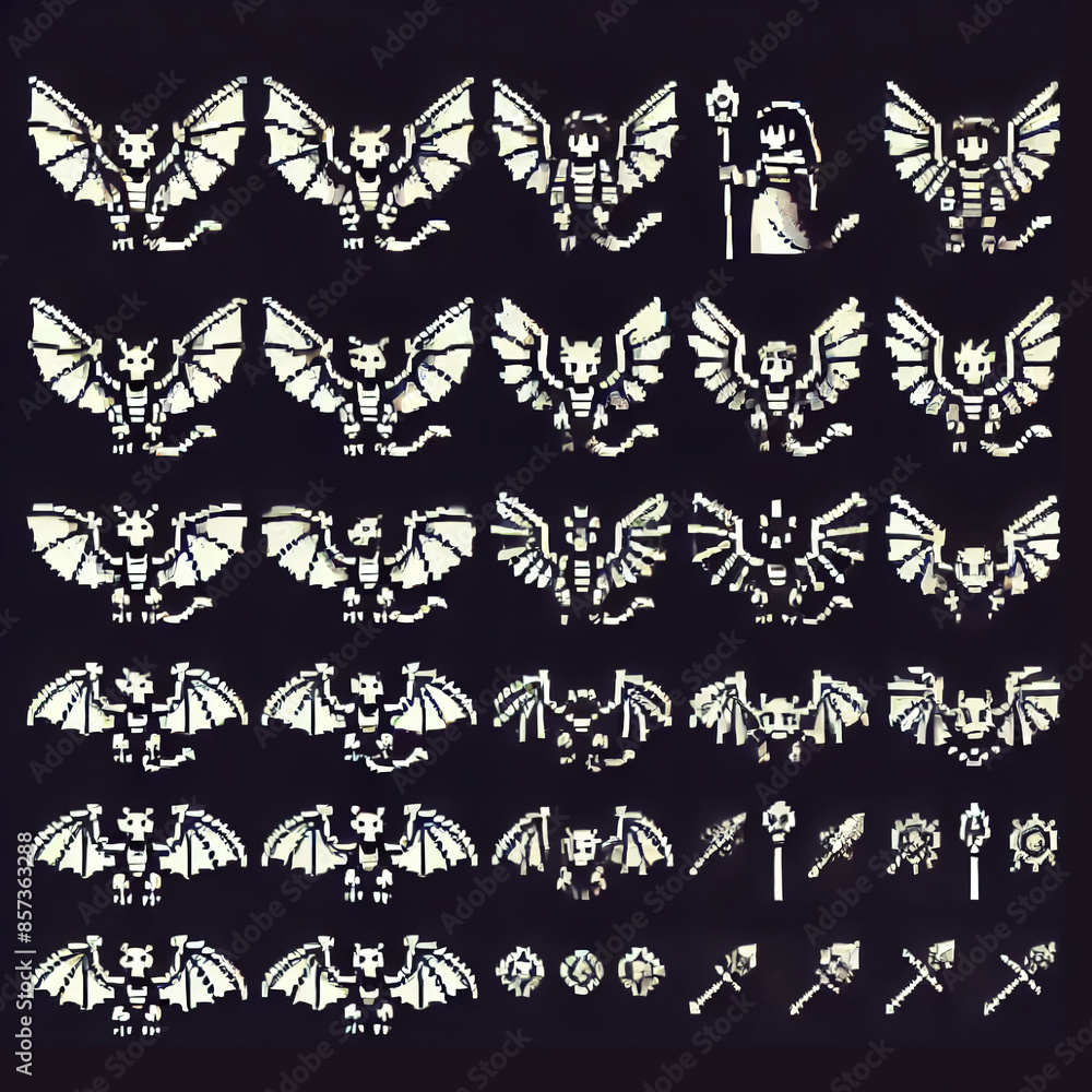 Pixel art sprite sheet featuring a dragon with wide wings Stock ...