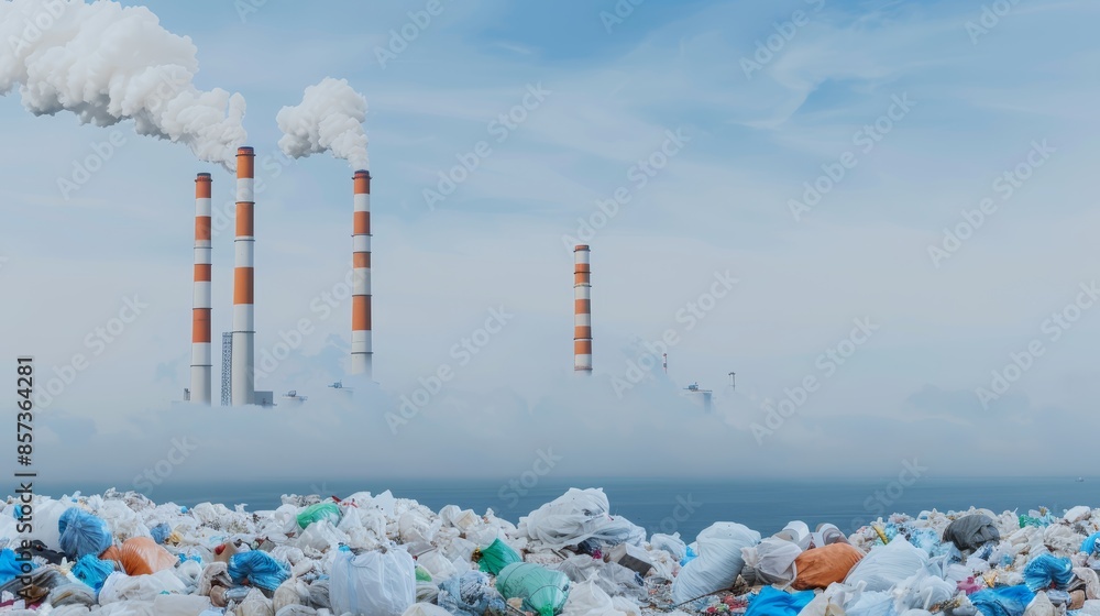 Congested industrial region with factories emitting smoke, sky filled ...