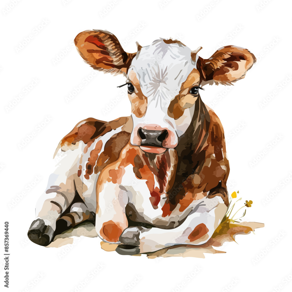Watercolor painting vector of a calf (baby cow), isolated on a white ...