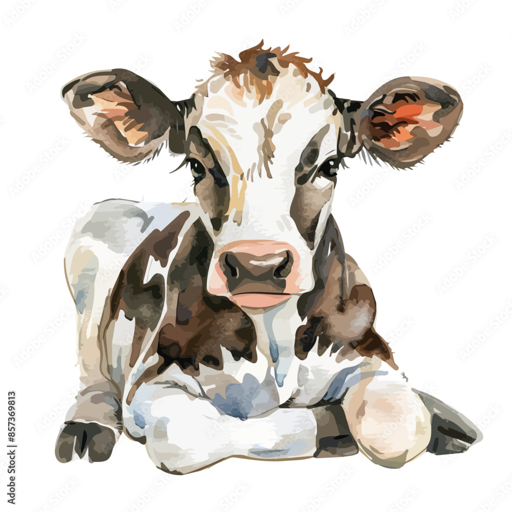 Watercolor painting of a calf (baby cow), isolated on a white ...