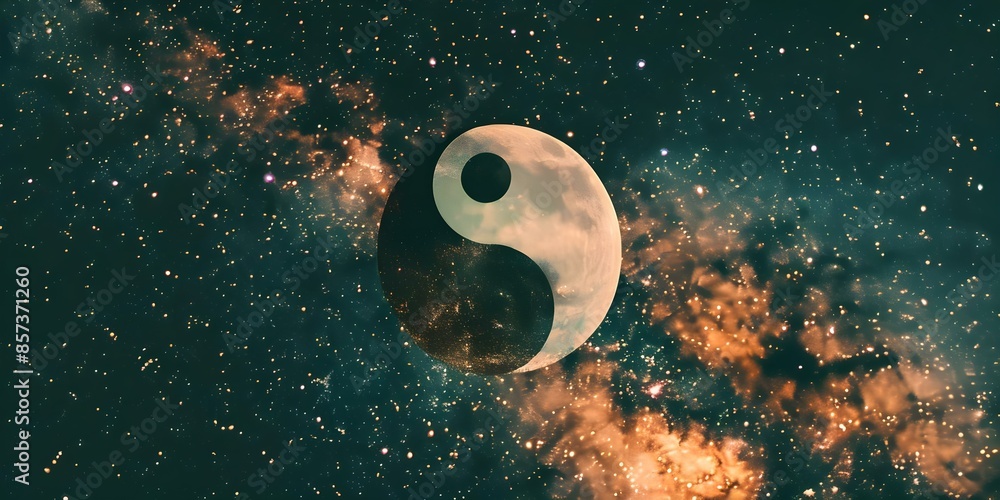 Yin yang symbol in starry sky represents balance in the universe ...
