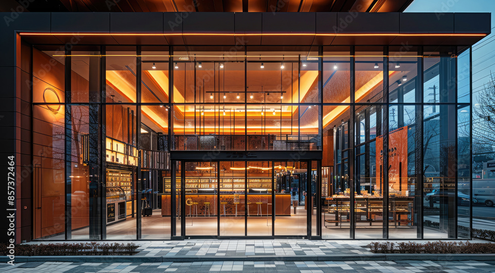Storefront design, reddish brown, Glass curtain wall structure ...