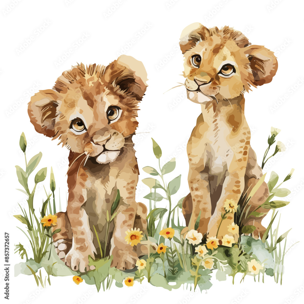Watercolor of a baby lions, isolated on a white background, design art ...