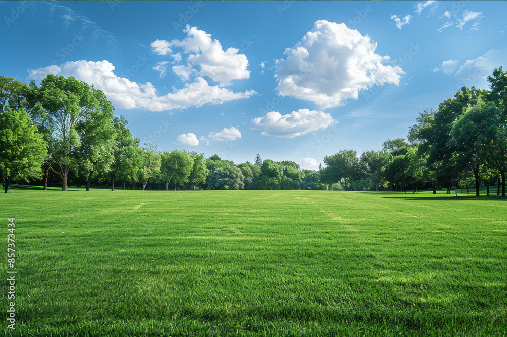 An expansive park setting featuring a wide, green field and a clear ...