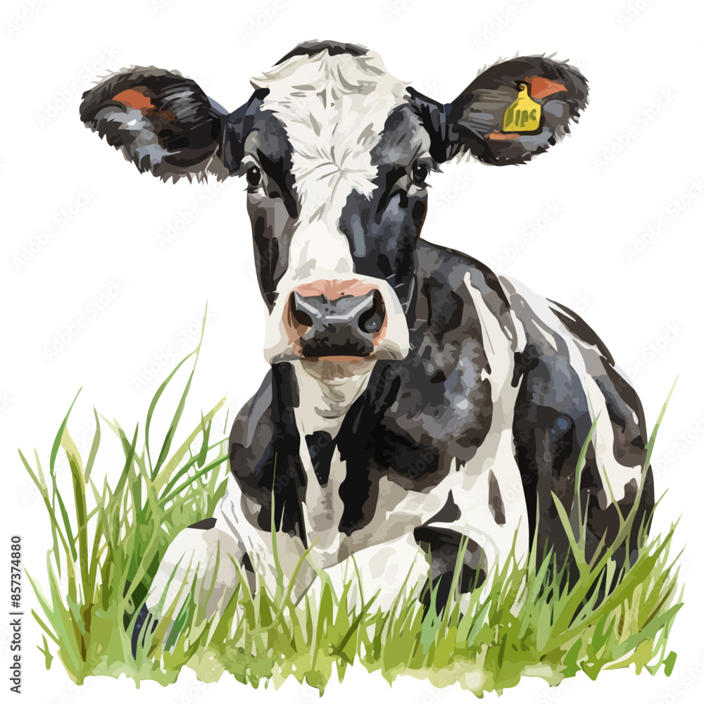 Watercolor drawing vector of a cow sit in garden, isolated on a white ...