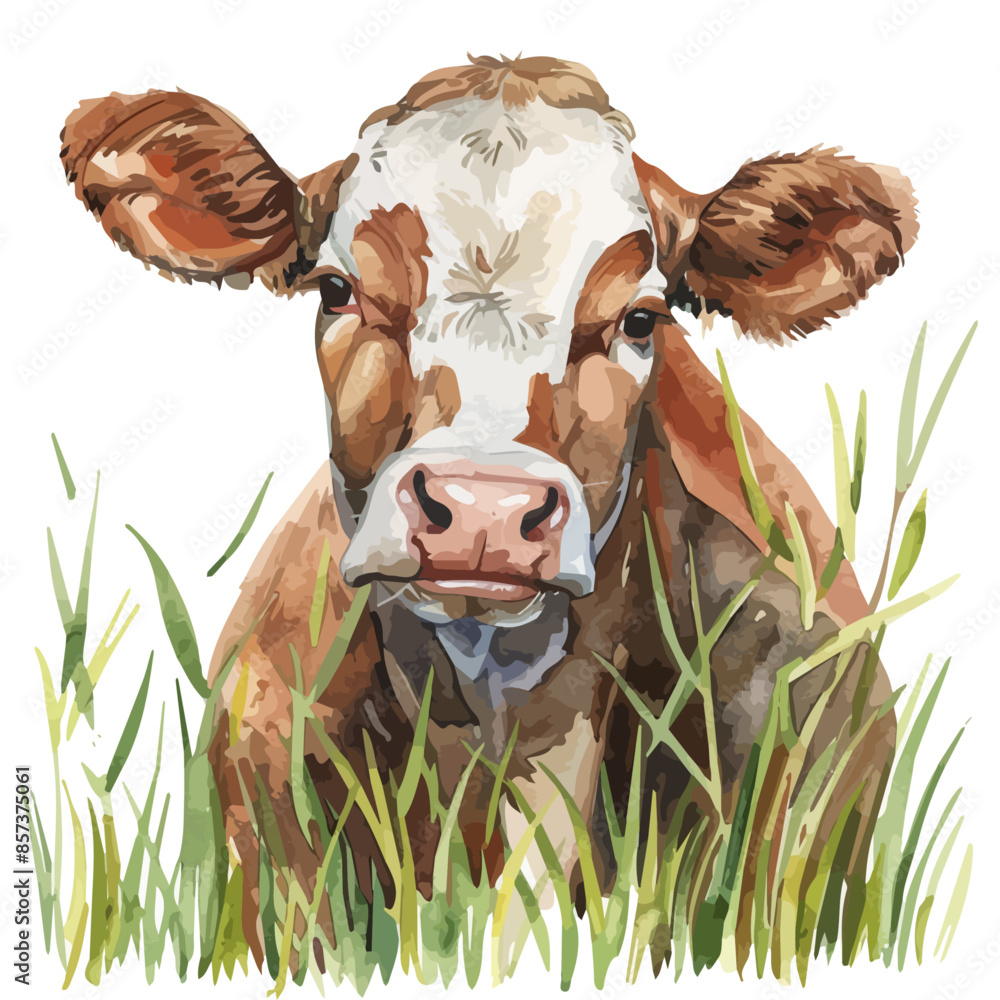 Watercolor Illustration vector of a cow sit in garden, isolated on a ...