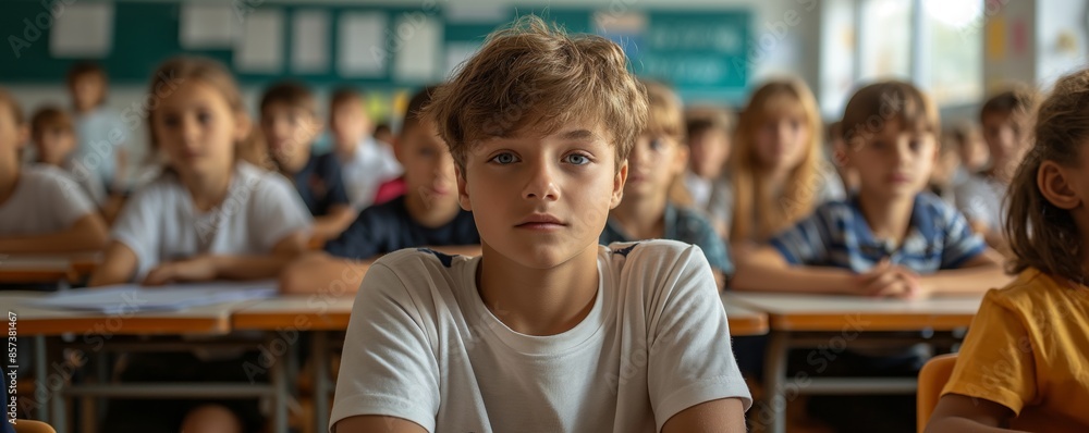 A young boy is focused on the camera in a classroom setting while ...