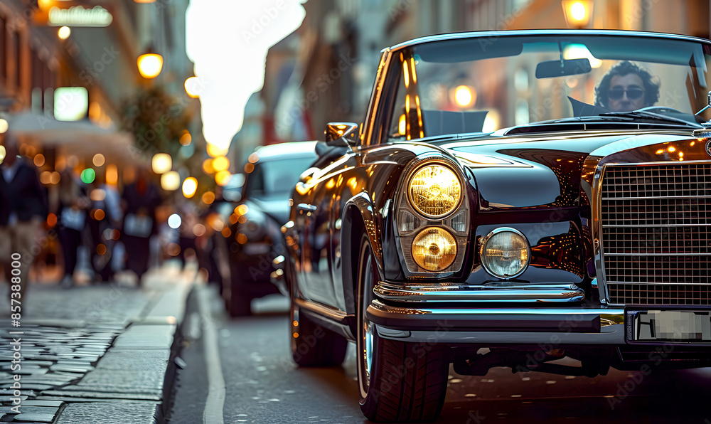 Close-up view of an old, classic convertible car driving on a city ...