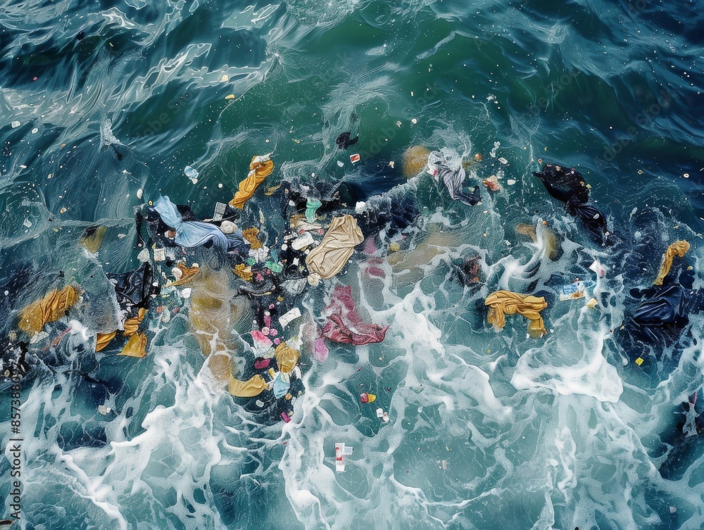 Environmental Crisis: Ocean Waves PollutedFloating Textile Waste ...