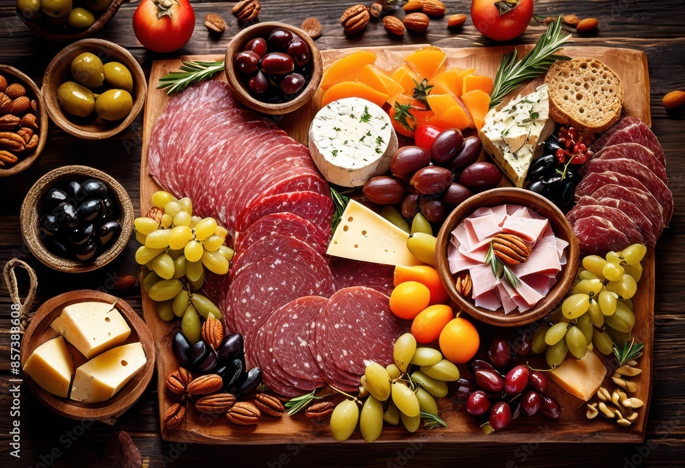 overhead perspective meat cheese platter assorted delicacies wooden ...