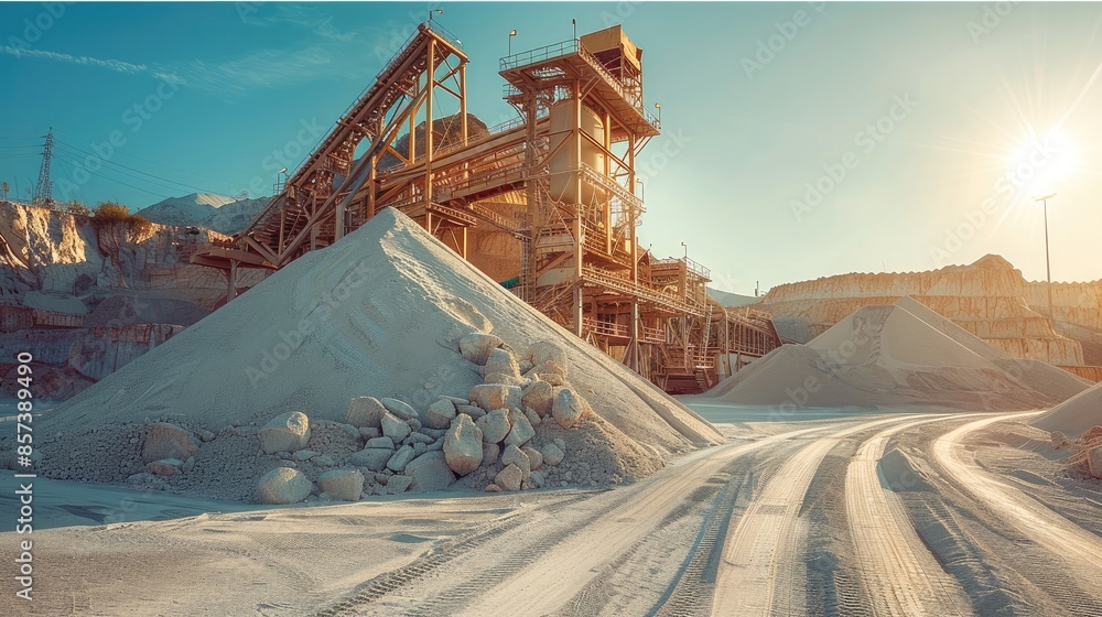 A daytime landscape of an industrial sand mine, three large piles of ...