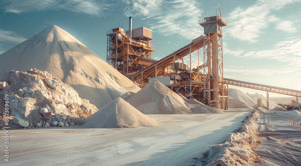 A daytime landscape of an industrial sand mine, three large piles of ...