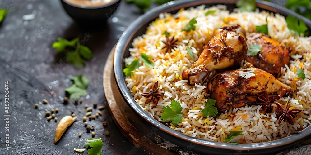 Hyderabadi biryani fragrant rice chicken spices served on traditional ...