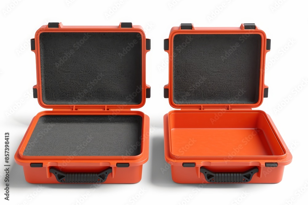 Front back and top view of a red orange plastic case with black foam ...