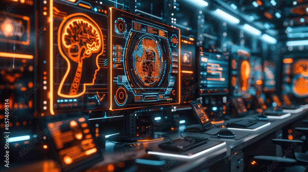 High tech computer lab, computers and monitors displaying 3d models ...