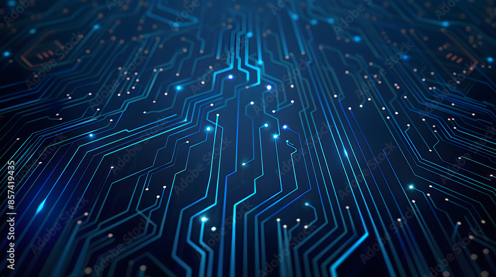 Thin circuit trace lines in blue on a dark technology background. Abstract digital tech bg ...