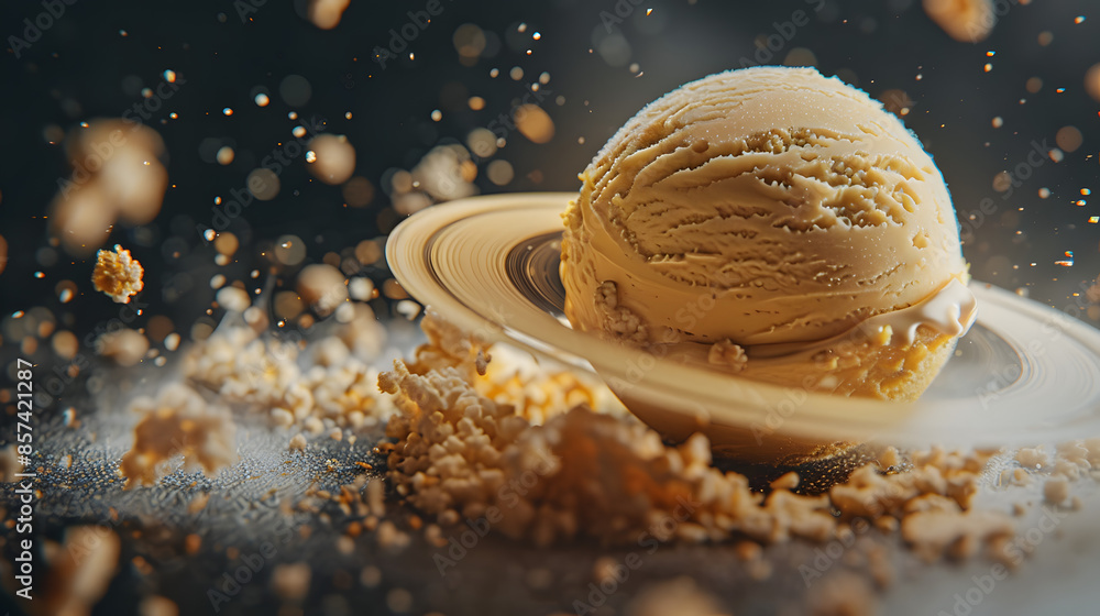 Surreal image depicting scoop of ice cream styled as Saturn, complete ...