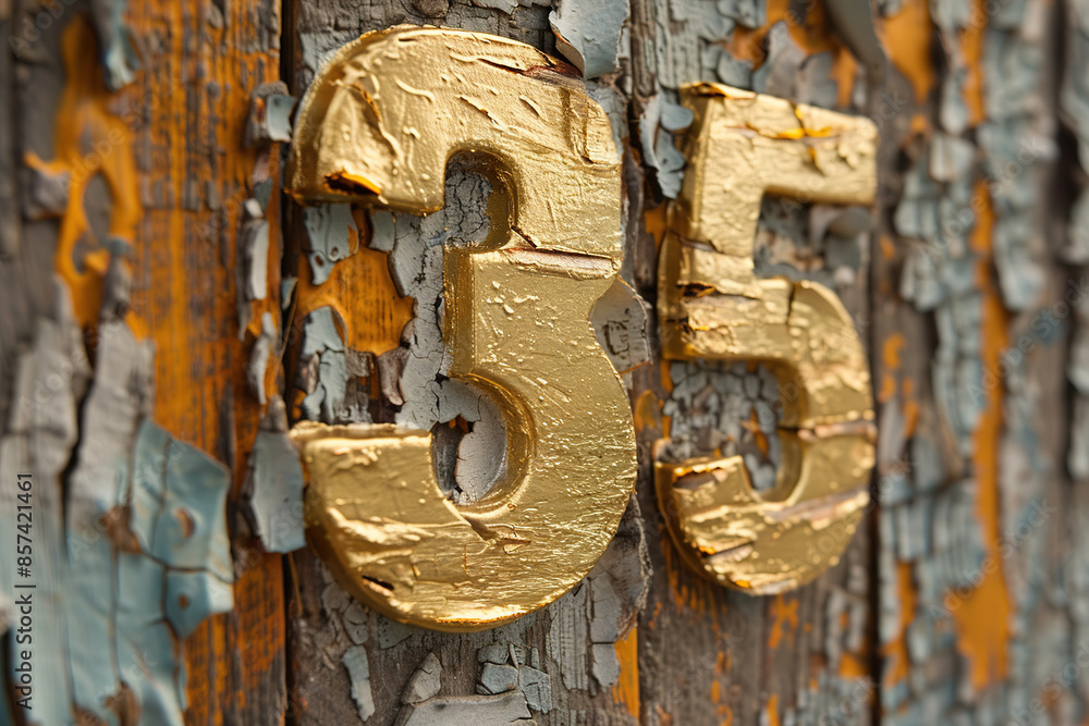 Golden painted number thirty five on weathered, rough background ...