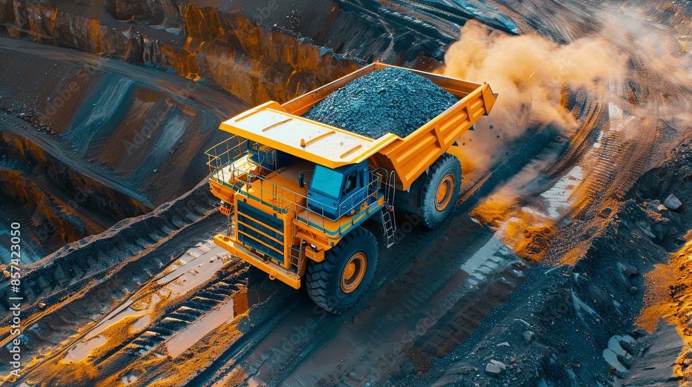 Hauling ore in a huge dump truck over the terraced paths of a deep open pit mine. The concept of ...