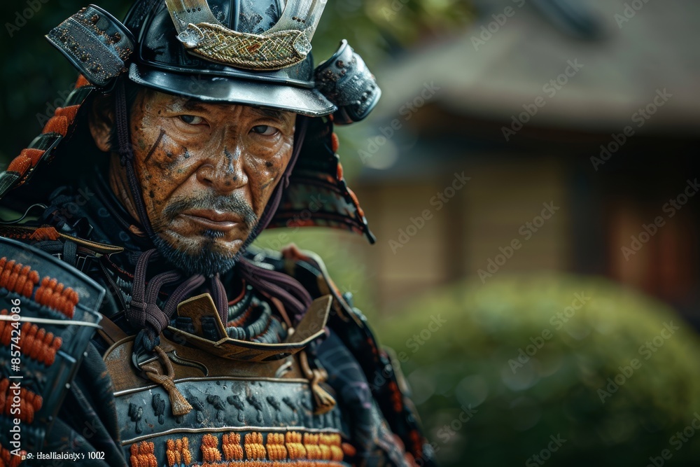 A determined samurai warrior in traditional armor, with a weathered ...