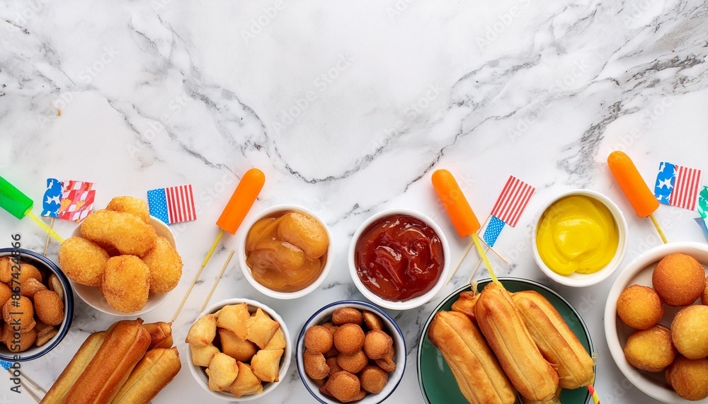 carnival theme food bottom border on a white marble background top view ...
