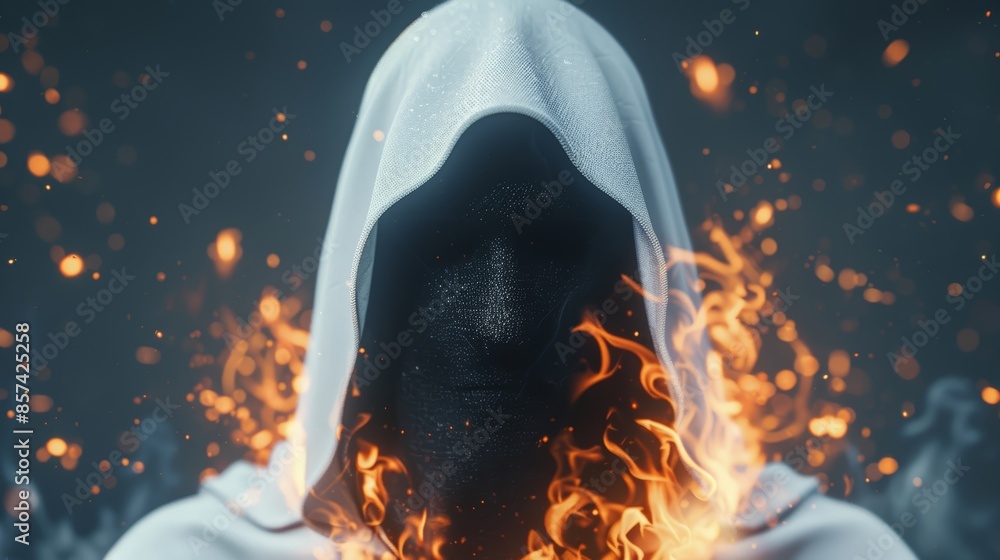 Volumetric image of a hooded priest in dark cloth, walking on a white ...