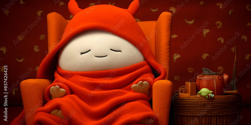 Cute cartoon red devil wrapped in a blanket on an orange couch next to ...
