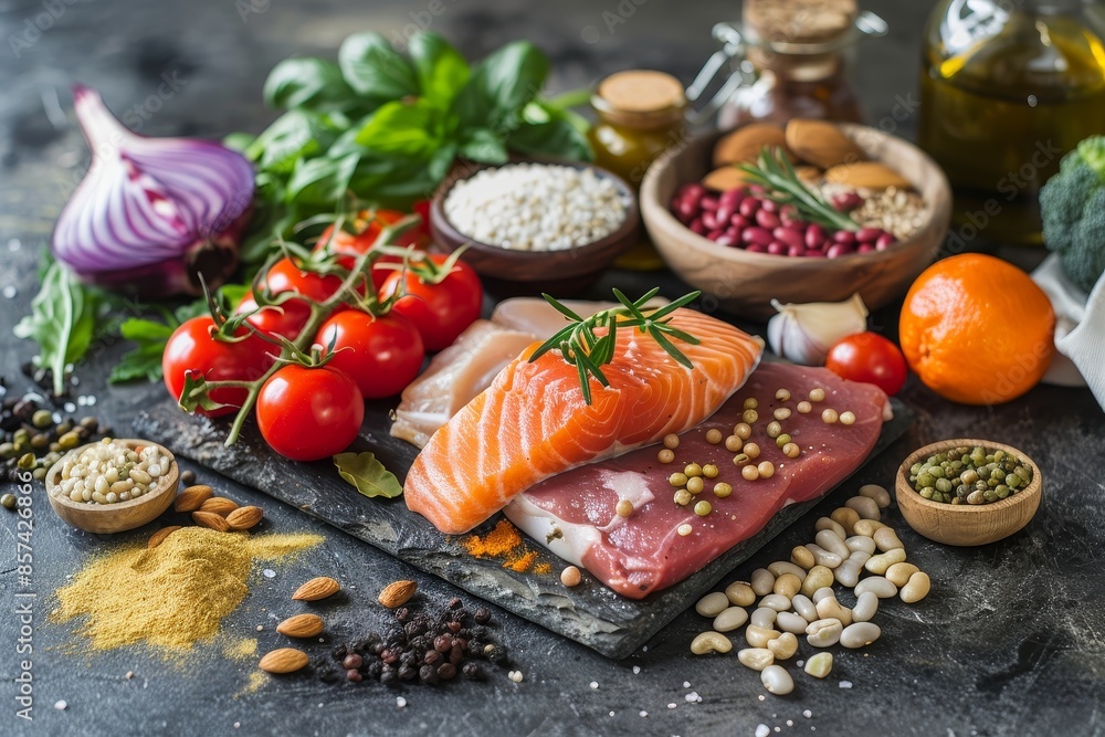 Nutritious foods like meat fish legumes nuts seeds and vegetables Stock ...