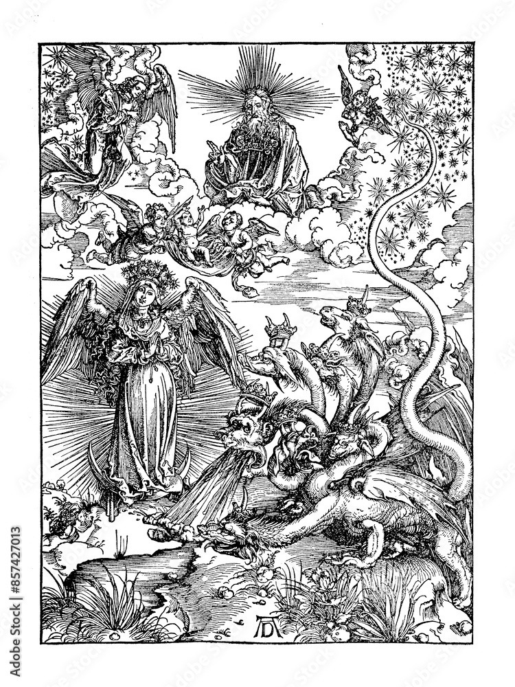 Apocalypse woodcut by Albrecht, Dürer, print, bible, testament, black ...