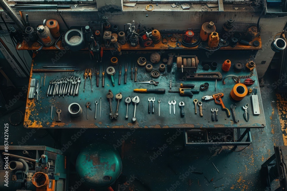 mechanics workshop table with tools top view industrial background for ...