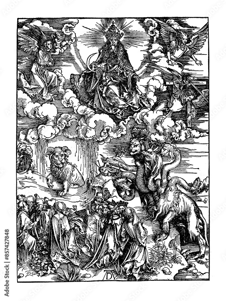 Apocalypse woodcut by Albrecht, Dürer, print, bible, testament, black ...