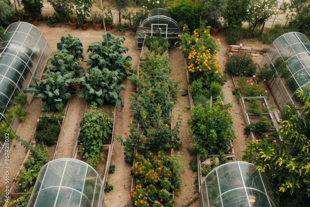 Overview of garden beds during peak harvest Top view of two greenhouses ...