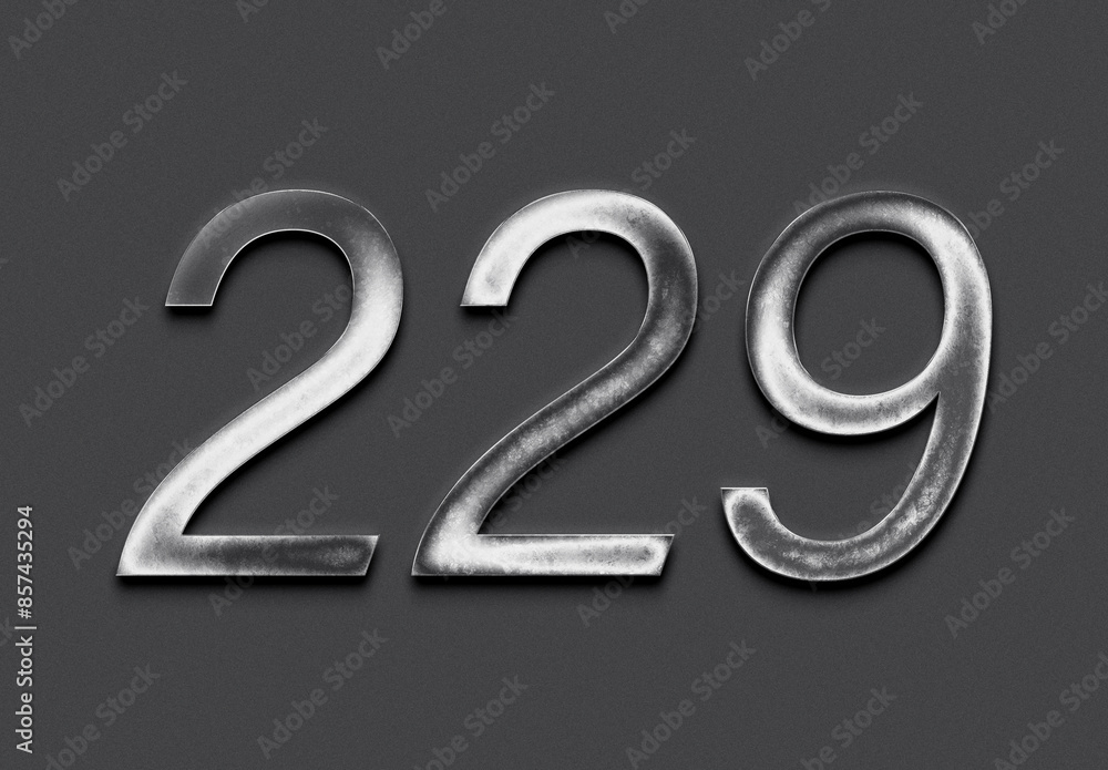 Chrome metal 3D number design of 229 on grey background. Stock ...