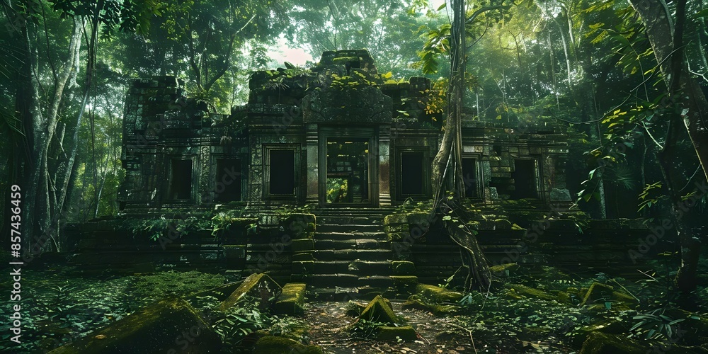Overgrown Mayan temple ruins in jungle lost in the Amazon rainforest. Concept Mayan Civilization ...