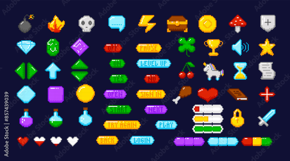 Game pixel interface and gaming items, 8-bit game resources. Games UI ...